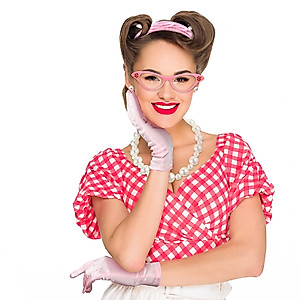 1950's Women Costume Accessories Polka Dot Hairband, Eyeglass, Faux Pearl Necklace, Stud Earring, Gloves (Pink and White)