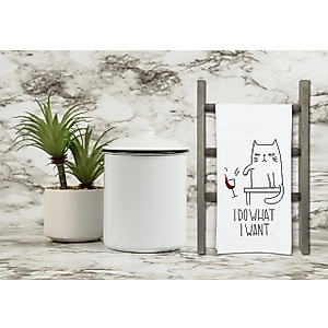 I Do What I Want Flour Sack Kitchen Towel with Hanging Loop - Funny Cute Cat Lover Dish Cloth Housewarming Hostess Birthday Christmas Gift