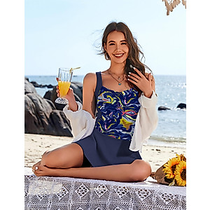 Ekouaer Swim Dress One Piece Bathing Suit Skirted Swimsuits for Women Ruched Retro Swimwear S-XXL Navy Blue