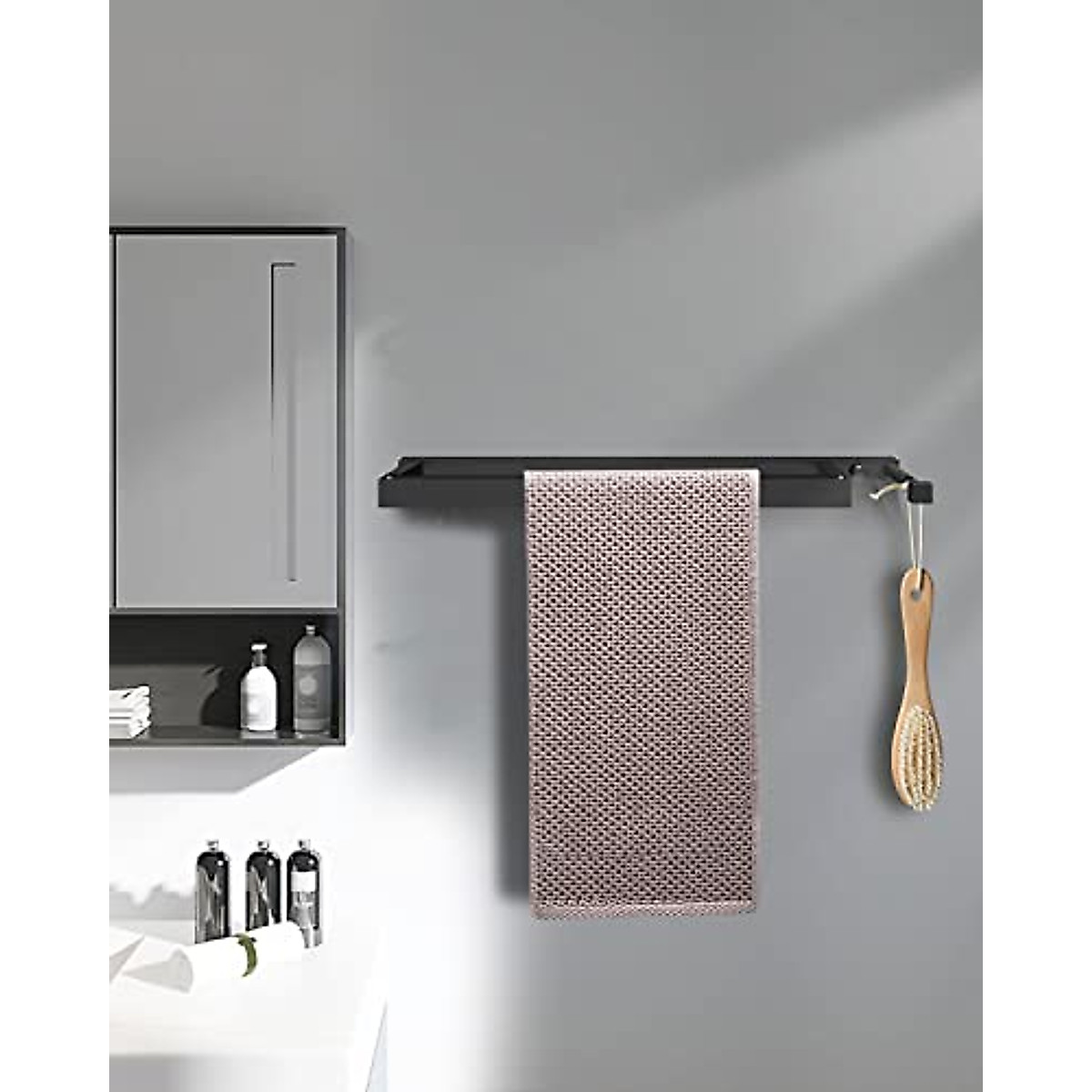 LIVEHITOP 2PCS Towel Rail, Wall Mounted Hand Towel Rack Bar with Rod Hook Aluminum Stainless Steel Matte Black 16.9 Inch for Bathroom Kitchen (Drilling/NO Drilling)