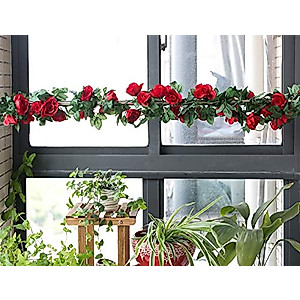 SWSTINLING 2 Pack (16FT) Artificial Rose Vine Flowers Plants Fake Flower Vine for Wedding Home Party Garden Craft Art Decor Red