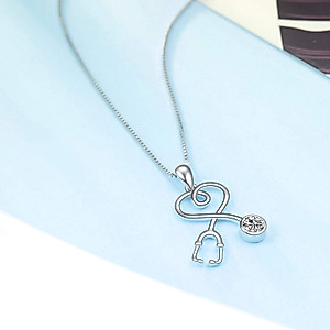 AOBOCO Sterling Silver Stethoscope Necklace Infinity Heart Pendant Doctor Nurse Necklace with Clear Austria Crystal, Women Medical Jewelry Gifts for Medical Student Doctor Nurse Female
