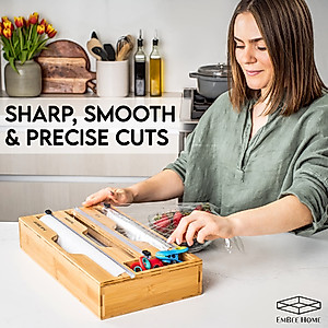 EmBee Home 4-in-1 Bamboo Wrap Organizer Dispenser with Storage for Kitchen Drawer - Compatible with Aluminum Foil, Plastic, and Paper Rolls "12 and "15 Rolls - Slider and Labels Included