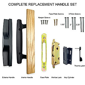 ALLYWASAI Sliding Patio Door Handle Set with Mortise Lock, Face Plate and Keeper, Wood Handle Lock Set Fits Door Thickness from 1-1/2" to 1-3/4", 3-15/16" Screw Hole Spacing, Non-keyed, Black