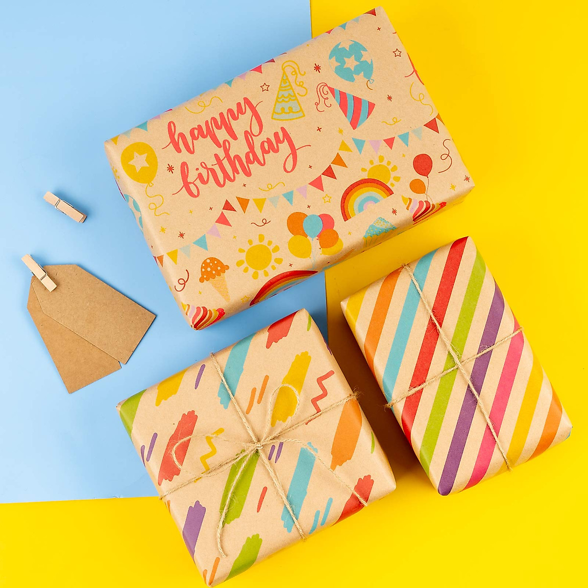 RUSPEPA Wrapping Paper Rolls with Tags and Jute String - Mini Roll - 17 inches x 10 feet per Roll, Total of 3 Rolls, Birthday