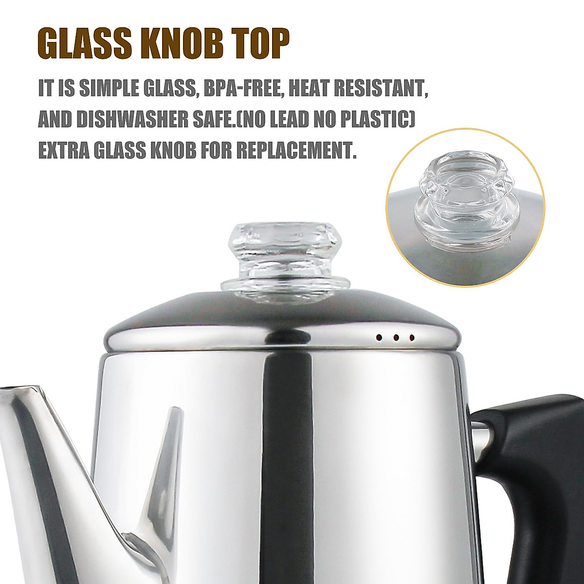 APOXCON 12 Cup Electric Coffee Percolator with ETL Approval Stainless Steel Coffee Maker with Two Heat Resistant Glass Knob One Of Them for Replacement Classic Look Cord-Less Sever Coffee Pot