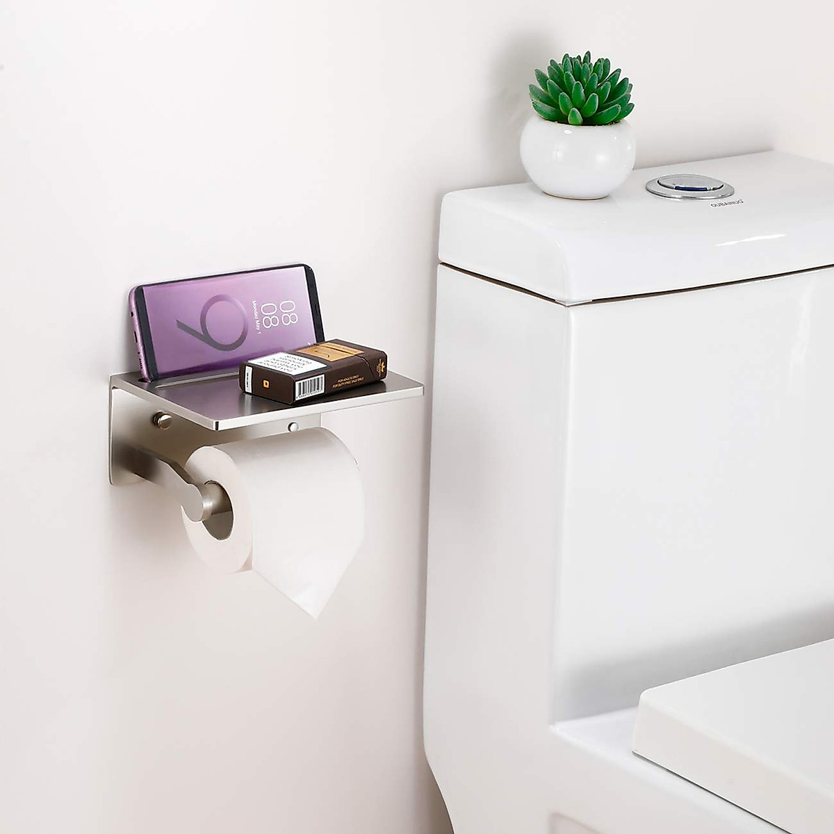 Smarthome Toilet Paper Holder with Shelf, Aluminum Tissue Roll Mobile Phone Storage Shelf for Modern Bathroom, 3M Self Adhesive No Drilling or Wall-Mounted Screws, Brushed Nickel