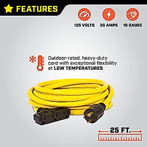 Champion Power Equipment 48034 25 ft. 30A 125V Generator Power 3750 Watts (L5-30P to Three 5-15R) Extension Cord, yellow