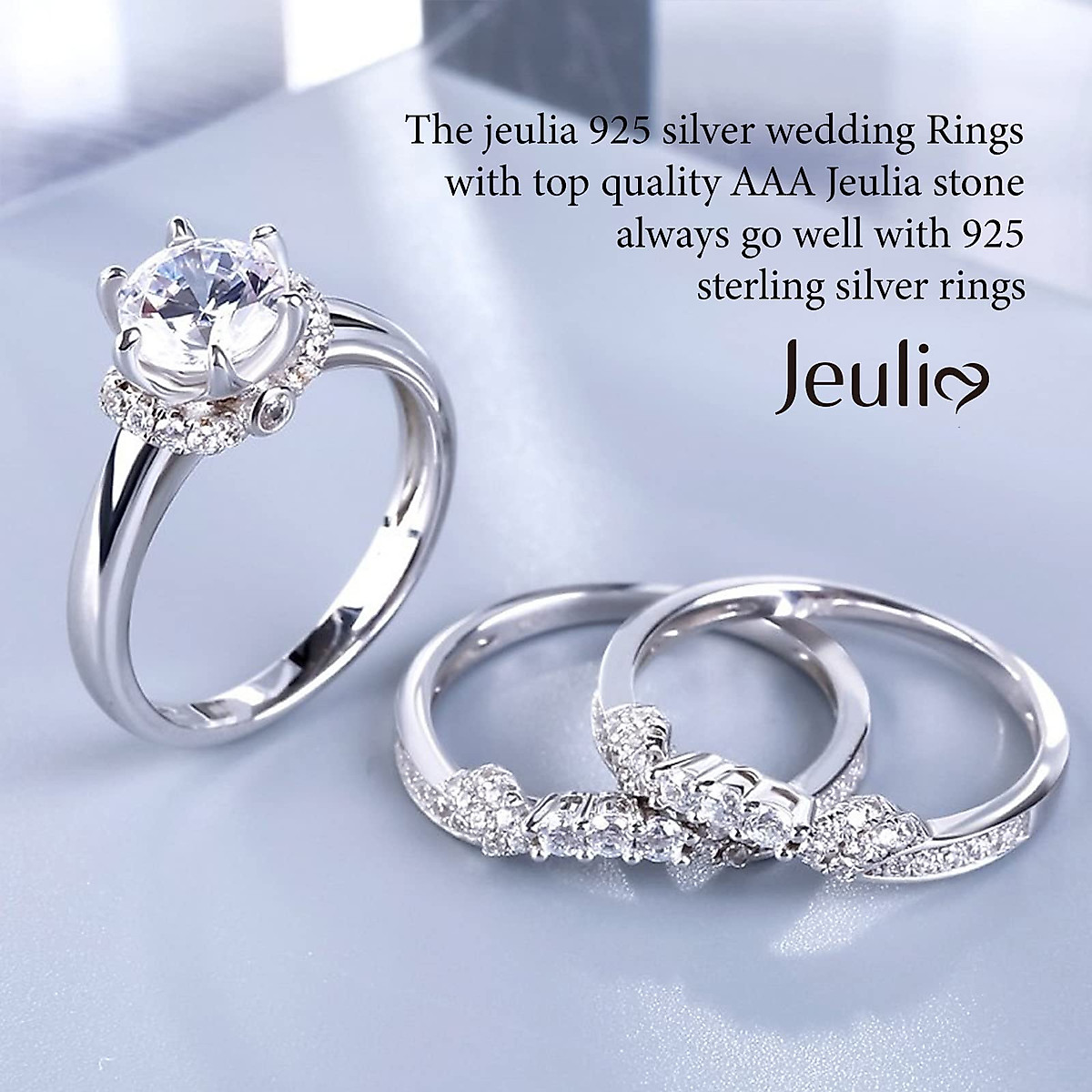 Jeulia 3PC Ladies Classic Round Cut Sterling Silver Rings Set Engagement Anniversary Wedding Band Ring Set With Jewelry Gift Box for Women (5.5)