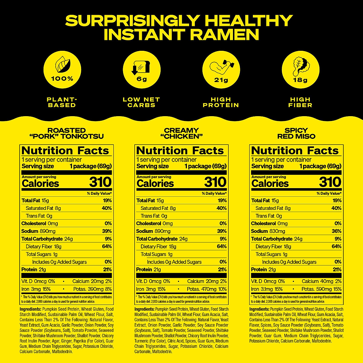 immi Variety Pack Ramen, Creamy "Chicken", Spicy Red Miso, Roasted "Pork" Tonkotsu, 100% Plant Based, Keto Friendly, High Protein, Low Carb, Packaged Noodle Meal Kit, Ready to Eat, 6 Pack