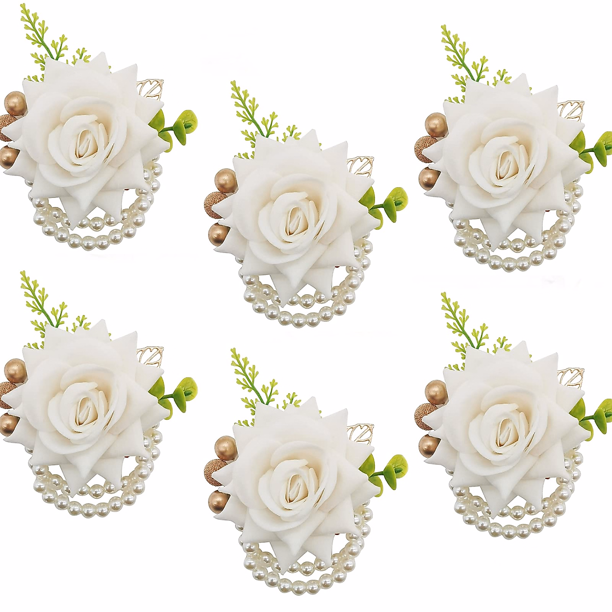 BASIMAN White rose Wrist corsage for wedding best maid decoration, Boutonnieres, Bridesmaid Corsage Bracelet, Bridal Accessories, Prom, Bridal Shower (6Pcs White Wrist Corsage)