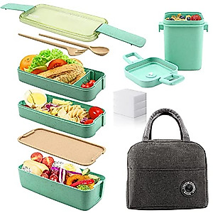 Meltset Bento Boxes Lunch Box for Kids Adults with Insulation Bags, Spoon and Fork, Stackable Meal Prep Container, Japanese Bento Lunch Box 3-In-1 Compartment Leak-proof Layered Lunch Box