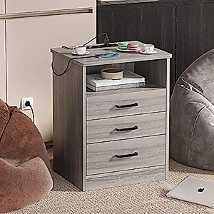 Tiptiper Nightstand Set of 2 with Charging Station,Grey Night Stands for Bedroom,Bedside Table with Drawers & USB Ports, 13.8D x 15.8W x 23.6H in