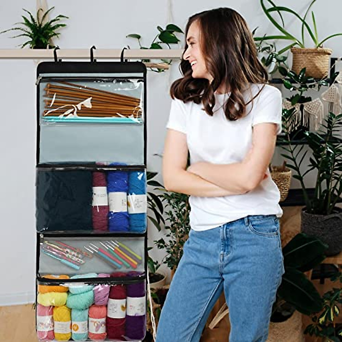 Ai CAR FUN Hanging Yarn Knitting Storage Organizer with 4 Compartments, Clear Wall Display Bulky Yarn Organizers Over The Door, Hanging Bags for Knitting Needles, Crochet Hooks