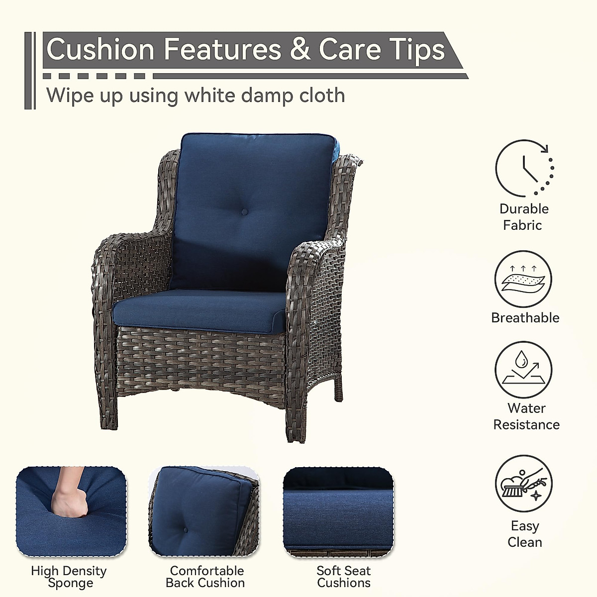 Gardenbee 4 Pieces Patio Conversation Set, Wicker Chairs Set of 2 and Two Ottomans with 3.5-inch Seat Cushions, High Back and Curved Armrest for Backyard, Balcony and Deck, Blue