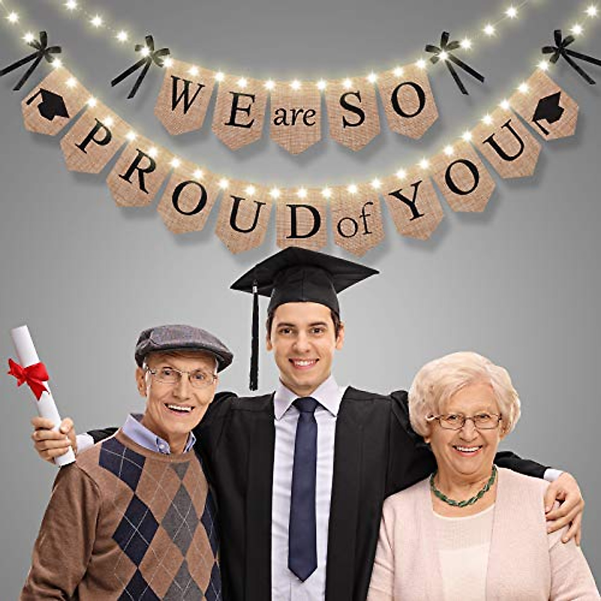 2023 Graduation Banner, We are So Proud of You Burlap Banner with 8 Modes LED String Lights, Lighting Wall Hanging Garland Bunting Flags Sign for Grad Party