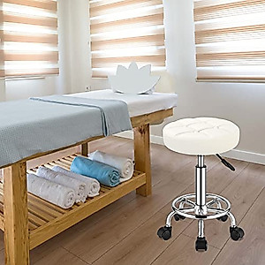 FNZIR Round Rolling Stools PU Leather Seat Height Adjustable Swivel Stool with Wheels White