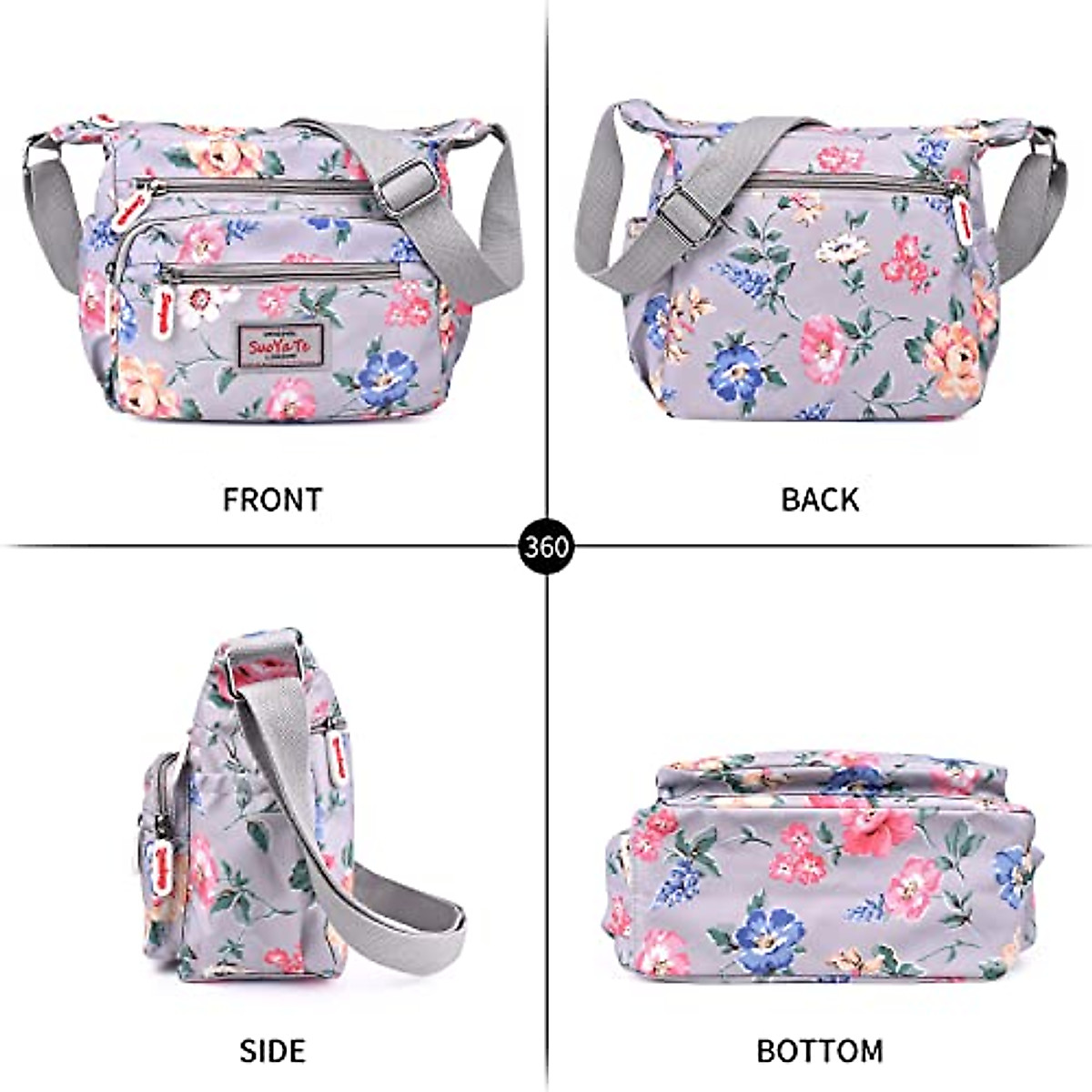 WITERY Crossboby Bag for Women - Waterproof Nylon Multi-Pocket Purse Floral Shoulder Bag Zipper Handbag Messenger Bag with Adjustable Strap, Casual Ladies Medium Roomy Travel Purses Hobo Tote Bag