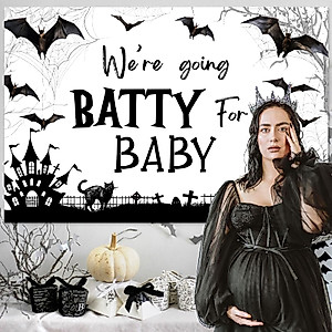 kreat4joy Halloween Baby Shower Decorations Backdrop, Bat Baby Shower Decorations We're Going Batty for Baby Backdrop Banner for a Baby is Brewing Baby Shower Photography Background Decorations