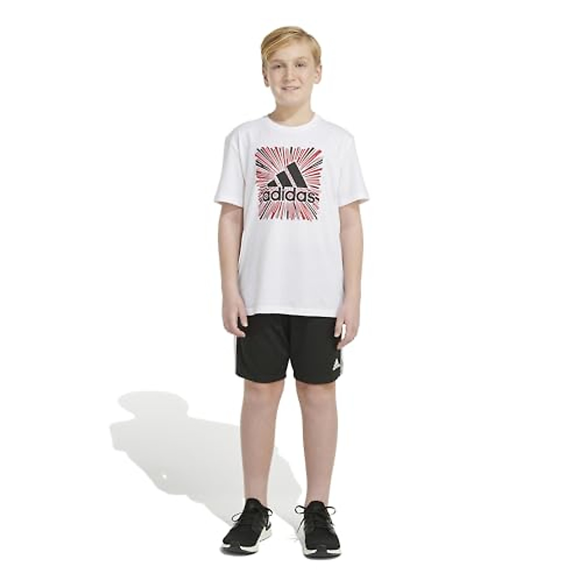 adidas Boys' Big Short Sleeve Cotton Blocked BoS Logo T-Shirt, White, M(10/12)