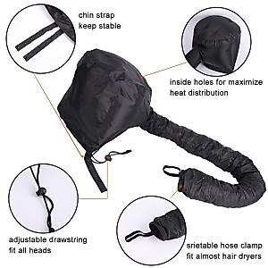 Bonnet Hair Dryer, ZEEFOO Portable Hooded Hair Dryer Attachment Cap for Styling, Curling and Hair Deep Conditioning, Soft Adjustable Large Hooded Bonnet for Hand Held Hair Dryer, Black