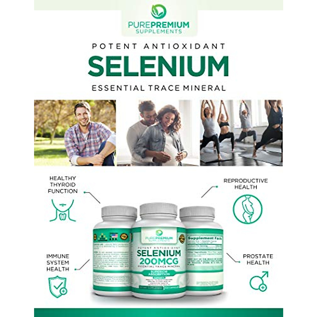 PurePremium Selenium Supplement (Selenomethionine) 100 Once Daily Selenium 200mcg Caps. Supports Immune System, Prostate and Reproductive Function - Essential Trace Mineral - Selenium 200 mcg