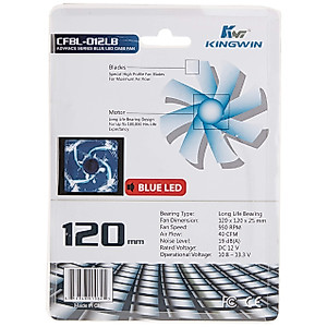 Kingwin 120mm CFBL-012LB Silent Fan, For Computer Cases, CPU Coolers, Long Life Bearing, Quiet Efficient Cooling, and Provide Excellent Ventilation for PC Cases-[Blue LED]