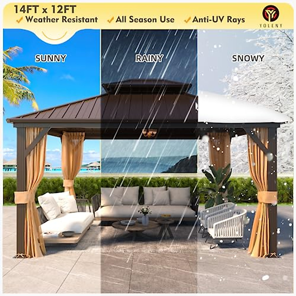 YOLENY 12' x 14' Gazebo, Hardtop Gazebo with Aluminum Frame, Double Galvanized Steel Roof, Curtains and Netting Included, Metal Gazebos Pergolas for Patios, Garden, Lawns, Parties