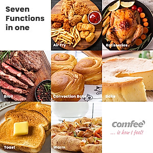 COMFEE' Retro Air Fry Toaster Oven, 7-in-1, 1500W, 19QT Capacity, 6 Slice, Rotisseries, Warm, Broil, Toast, Convection Bake, Black, Perfect for Countertop
