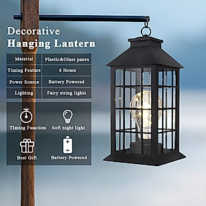 JHY DESIGN Waterproof Decorative Hanging Lantern 12''High Plastic Lantern Holder Battery Powered with LED Bulb and 6H Timer Lights for Balcony Garden Hallway Entryway Indoor Outdoor（Square Stripe）