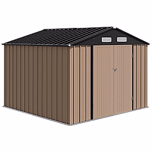 JoanKaren Outdoor Storage Shed House 8x10 FT, Heavy Duty Steel Metal Sheds with Doors for Patio Garden Backyard, Large Cabinet to Store Bikes, Tools and Lawnmowers, Ventilated & Waterproof (Brown)