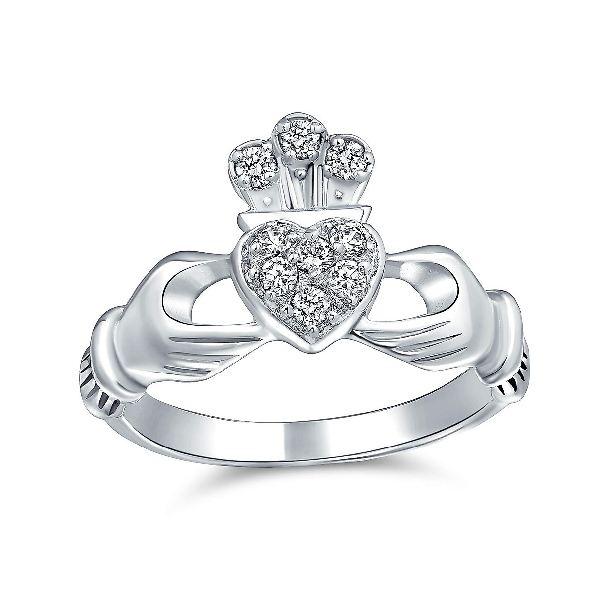 Personalize BFF Sorority Sister CZ Pave Celtic Irish Friendship Promise Crown Heart Claddagh Ring For Women Teen .925 Sterling Silver Custom Engraved