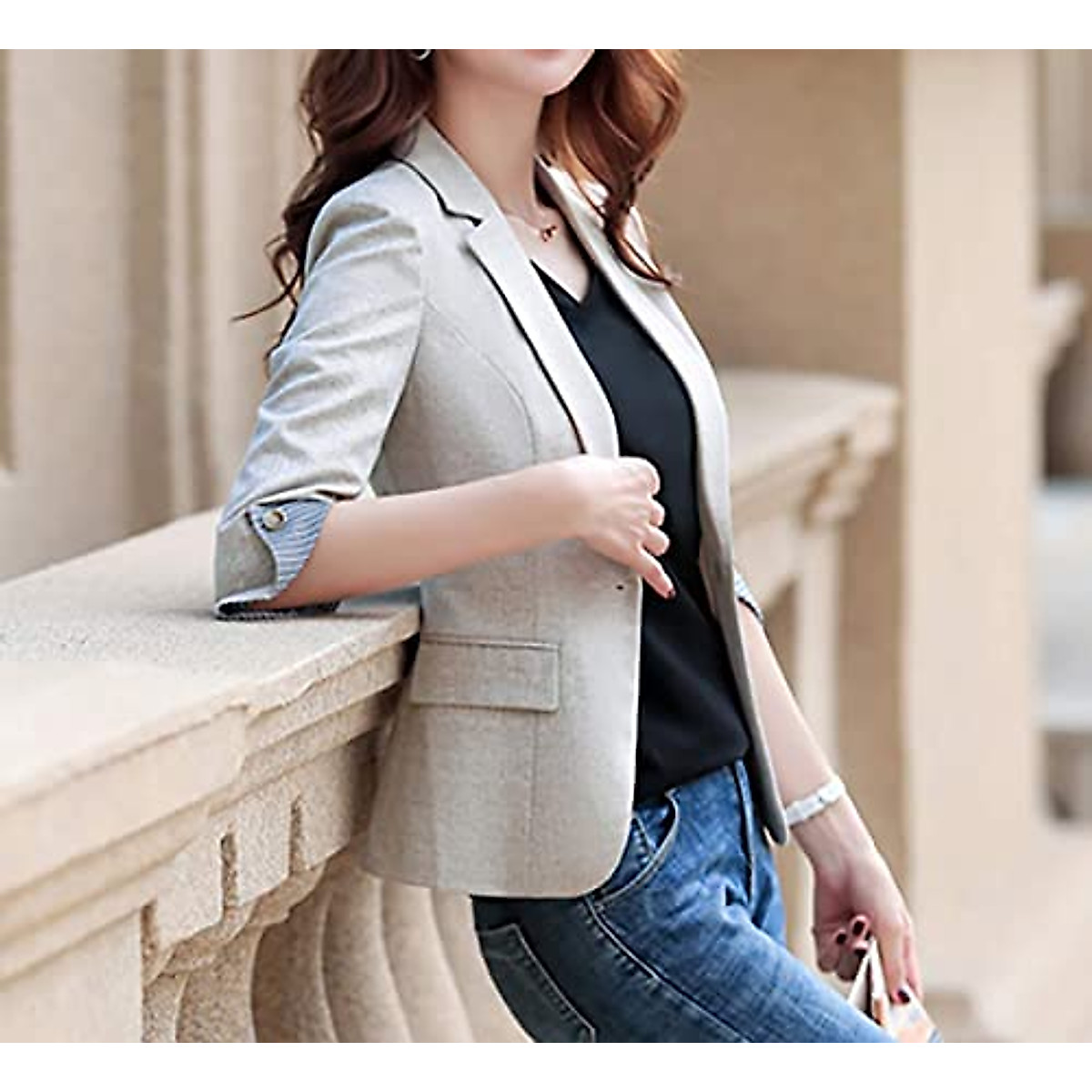 SUSIELADY Womens Notched Lapel Pocket Single Button Casual Work Office Blazer Jacket Slim Fit Blazer for Business Lady