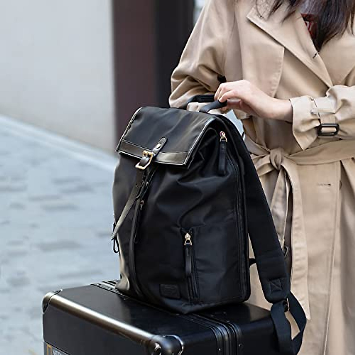 Camelia de Amour Women backpack purse Fashion Nylon Rucksack medium size (t295-183 black/gold Hardware)