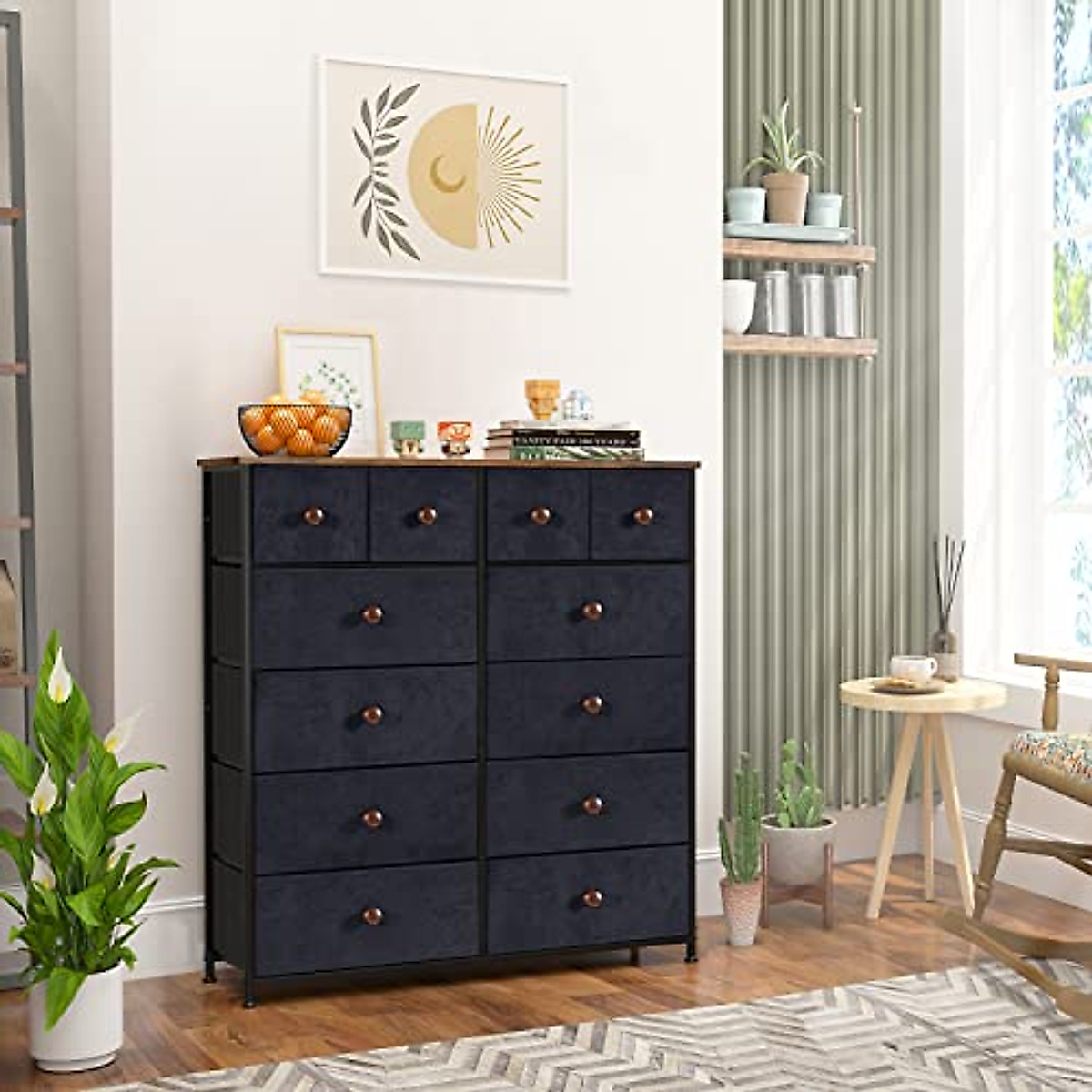 AOPSEN 12 Drawer Tall Dresser, Storage Chests of Drawers, Black Fabric Dresser for Bedroom Closet Nursery Living Room, Wooden Top and Metal Frame, Rustic Brown
