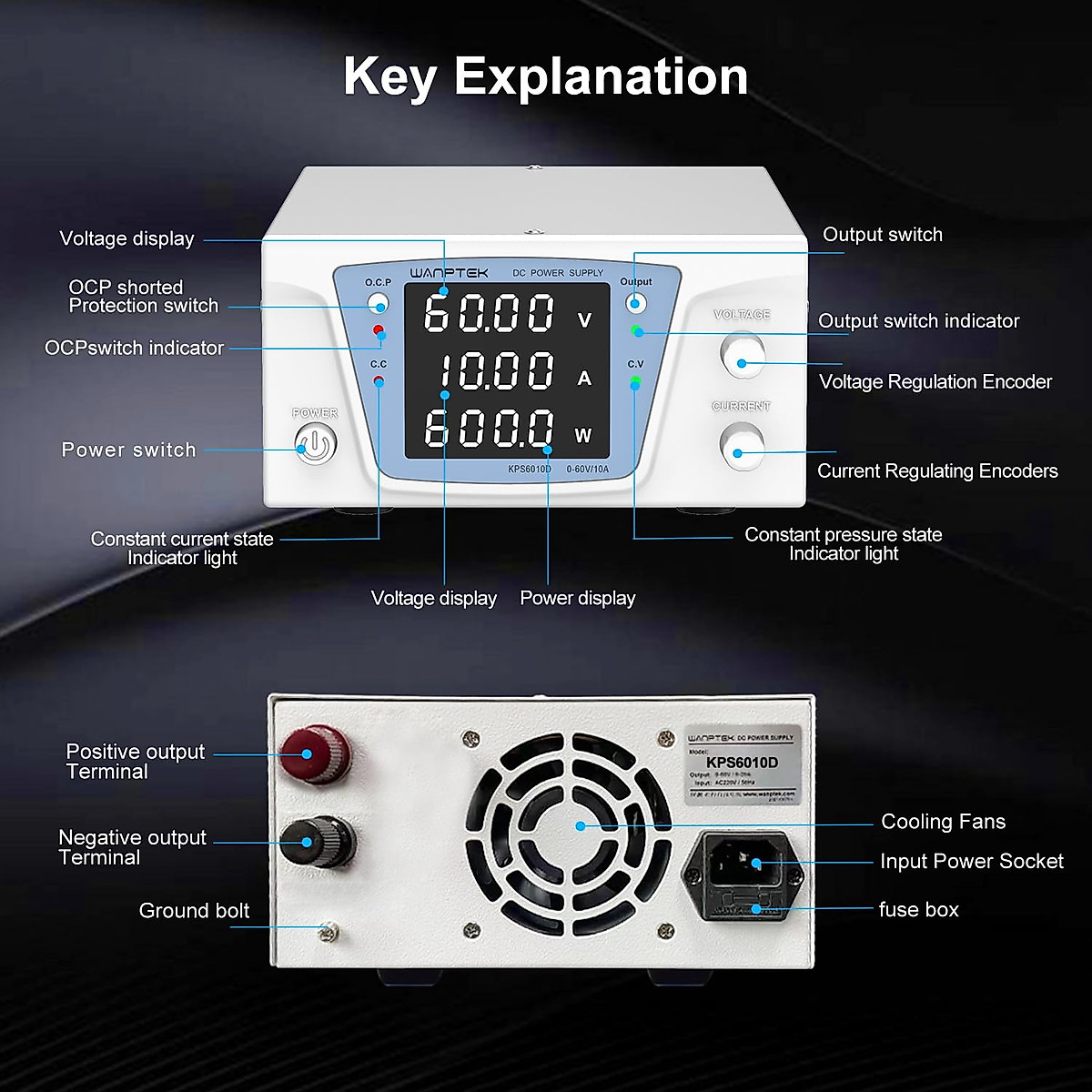 DC Power Supply Variable, Bench Power Supply with Encoder knob, Adjustable Switching Power Supply with OCP Switch, Variable Power Supply with Output Enable/Disable Button (0-60V 0-10A)