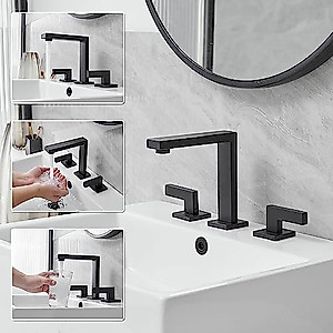 BWE Widespread Bathroom Faucet 3 Hole Matte Black with Pop Up Drain Assembly and Supply Hose Bathroom Faucets for Sink 2-Handle 3 Pieces 8 Inch Basin Lavatory Mixer Tap Lead-Free