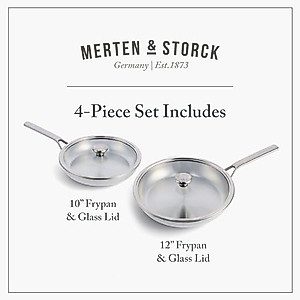 Merten & Storck Tri-Ply Stainless Steel 10" & 12" Frying Pan Skillet Set with Glass Lids, Professional Cooking, Multi Clad, Drip-Free Pouring Edges, Browning, Induction, Durable,Oven & Dishwasher Safe