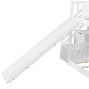 Harper & Bright Designs Twin Over Twin Bunk Bed with Slide and Guardrail, Floor Bunk Bed with Stairway/Two Drawers/Handrail, Space-Saving Bedroom Dormitory Furniture (White)