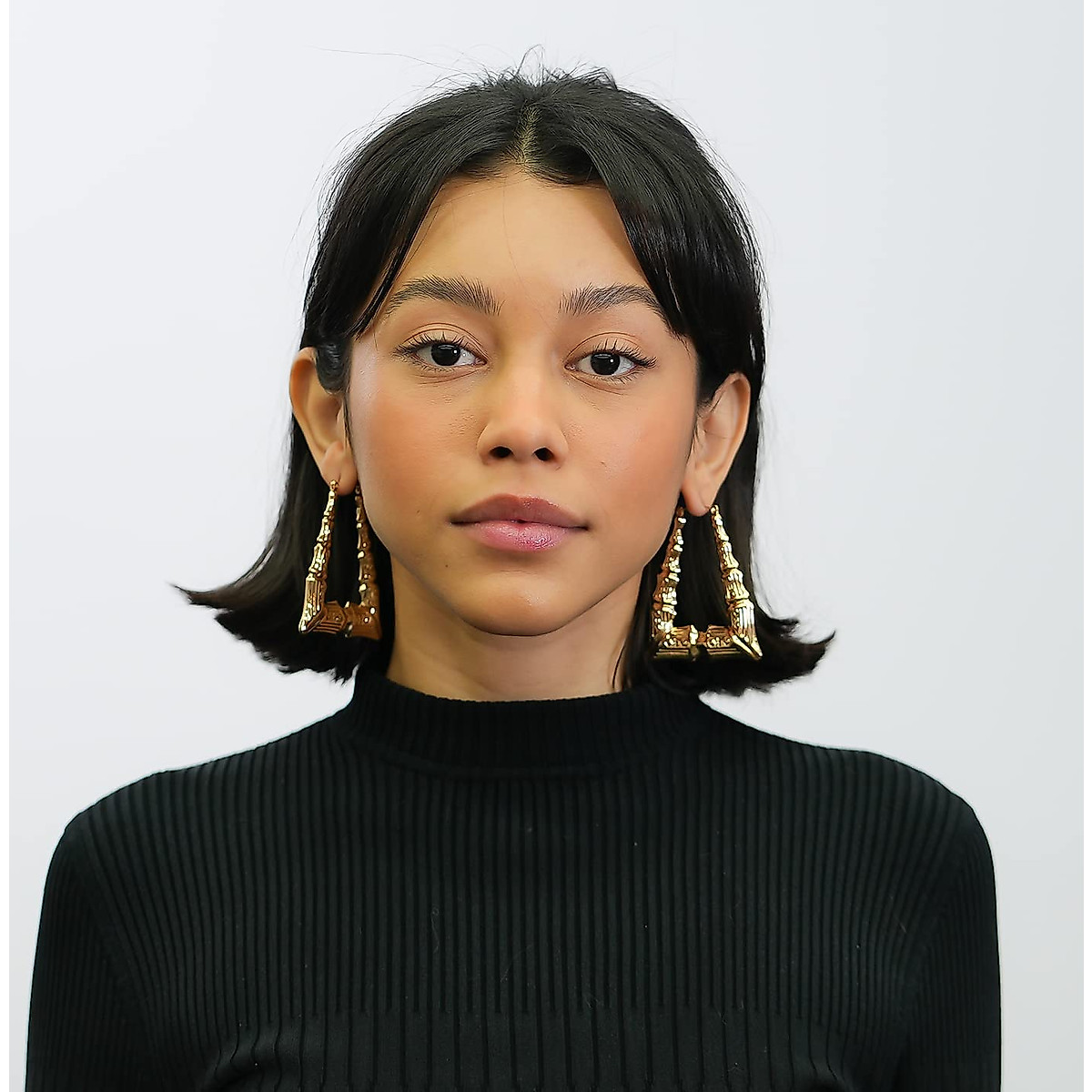 Pnk Trend Gold Tone Hollow Casting Hip-Hop Oversized Triangle Bamboo Large Hoop Earrings for Women, 50 mm/ 2 Inches with Gift Jewelry Box