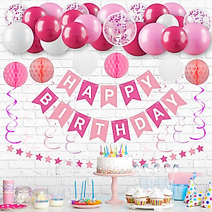 Pink Happy Birthday Party Decorations Set for Women Girls, Pre-Strung Happy Birthday Sign Banner, Pink Balloons, Tissue Paper Pom Poms, Star Garland, Hanging Swirls for Birthday Princess Party