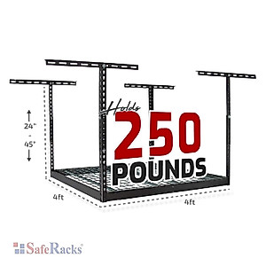SafeRacks 4x4 Overhead Garage Storage Rack - Heavy Duty Storage Racks, Easy Garage Shelving, Ceiling Mounted Storage Shelves, Grey, 250 lb Capacity, 24"-45" Adjustable Height