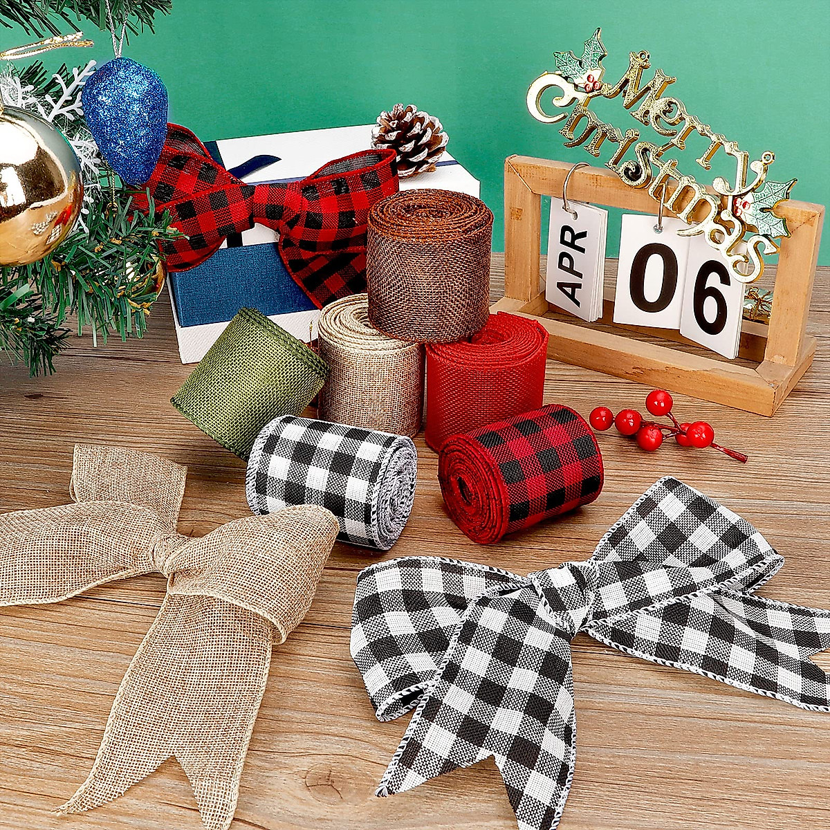 6 Rolls Wired Christmas Ribbon 30 Yards 2-1/2'' Wired Edge Burlap Ribbons for Christmas Thanksgiving DIY Gift Wrapping Wedding Floral Bows Crafts