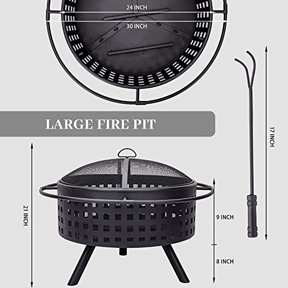 Vipush Fire Pit - 30in Black Crossweave Outdoor Fire Pit, Wood Burning Fire Pit with Spark Screen, Fireplace Poke, Cover - Fire Pit for Outside, Patio, Garden, Backyard, Decking