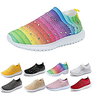 Women's Crystal Breathable Orthopedic Slip On Walking Shoes, Rhinestone Glitter,Ultra-Light Breathable. (9US, Rainbow)
