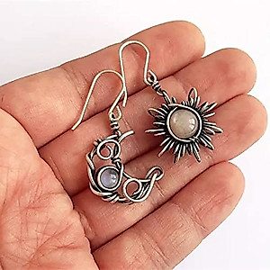 Boho Opal Sun and Moon Drop Dangle Earrings Moonstone Natural Stone Hook Bohemian for Women Asymmetrical Antiqued Silver Celestial Jewelry-Opal Red