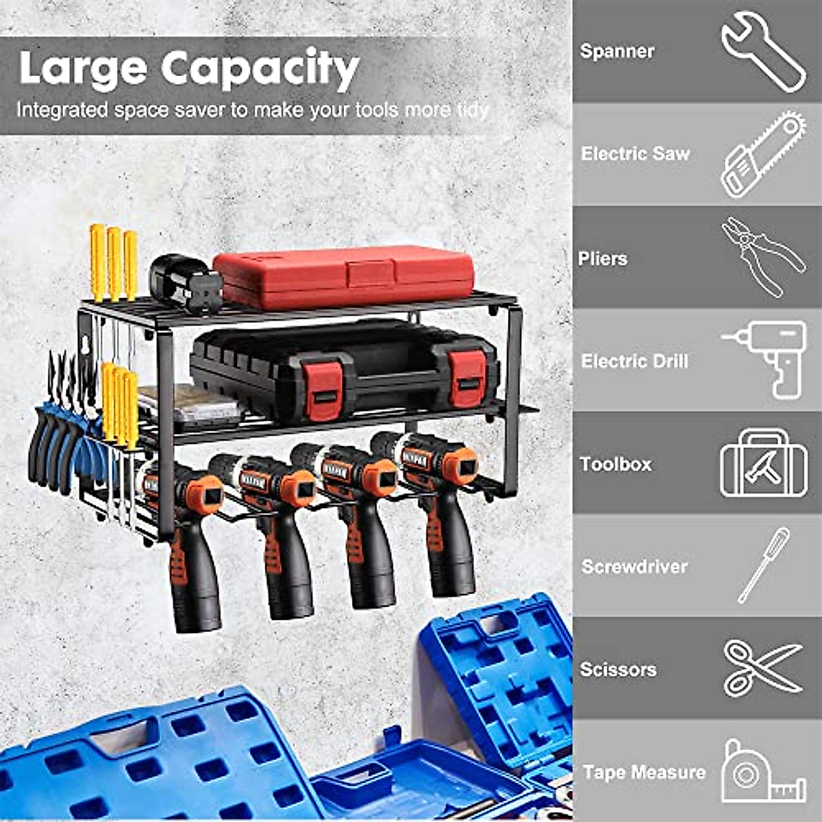 Qtimal Power Tool Organizer with 2 Side Screwdriver Storage Racks, Heavy Duty Utility Metal Cordless Drill Holder, Removable Garage Wall Mount Floating Tool Shelf, Bonus 10 Pack S Hooks
