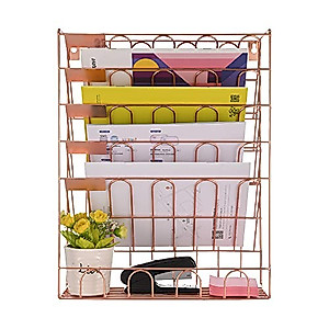 Spacrea Hanging File Holder Organizer - 6 Tier Wall Mount File Organizer for Women, Hanging Wall File for Office, School or Home, Rose Gold