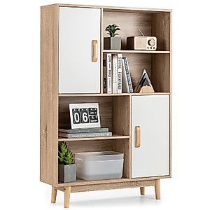 Giantex Storage Cabinet with Legs, Floor Cabinet with Doors, Shelves, Anti-Tipping Device, 4-Tier Bookshelf for Books & Photos, Tall Cupboard in Bedroom, Living Room, Kitchen Buffet Sideboard (White)