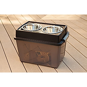IRIS USA 47Lb / 45QT Large Elevated Feeder with WeatherPro Airtight Pet Food Storage Container, Dry Food Bin with Removable Stainless Steel Bowls Large Dog At Home Camping Roadtrip , Smoke